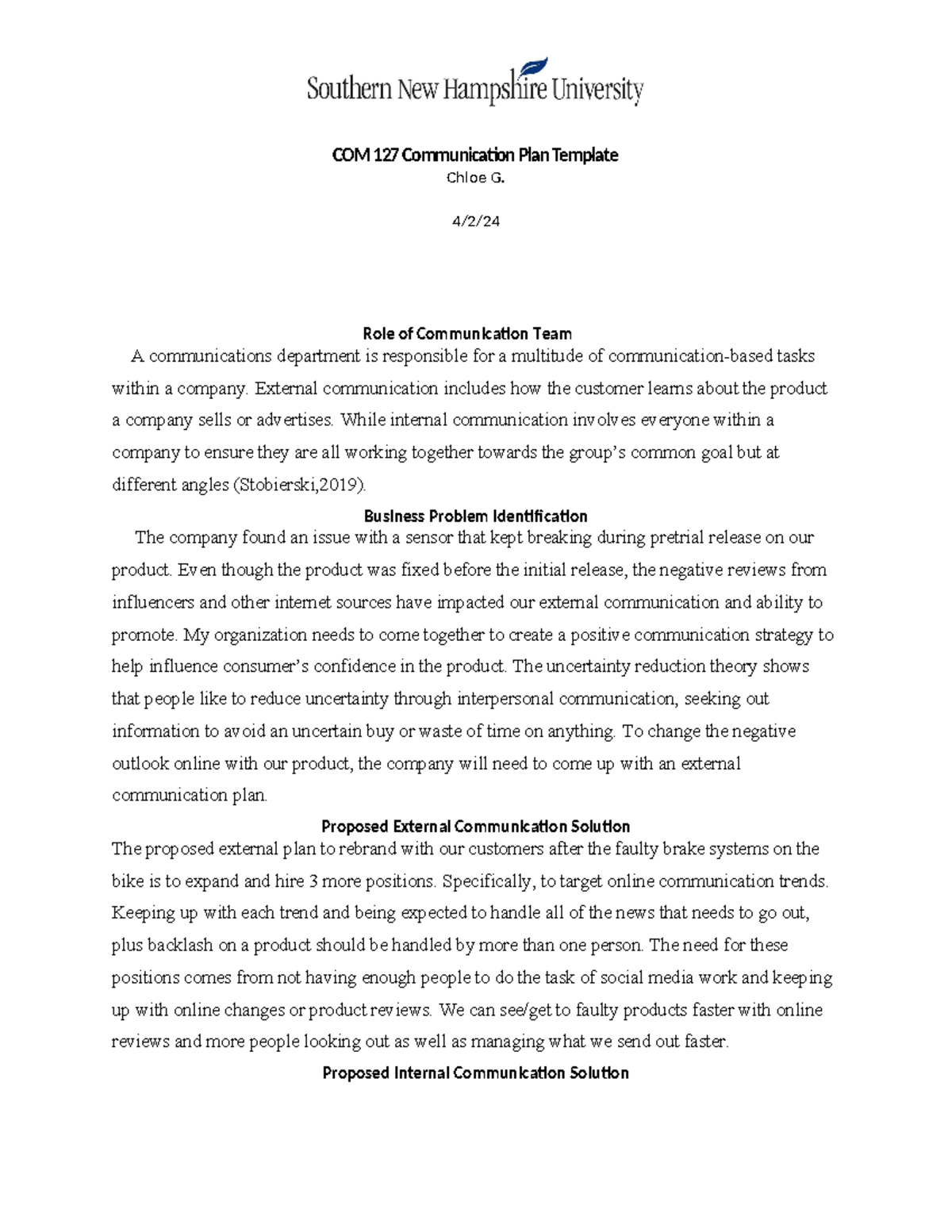 COM 127 Communication Plan Template - COM 127 Communication Plan ...