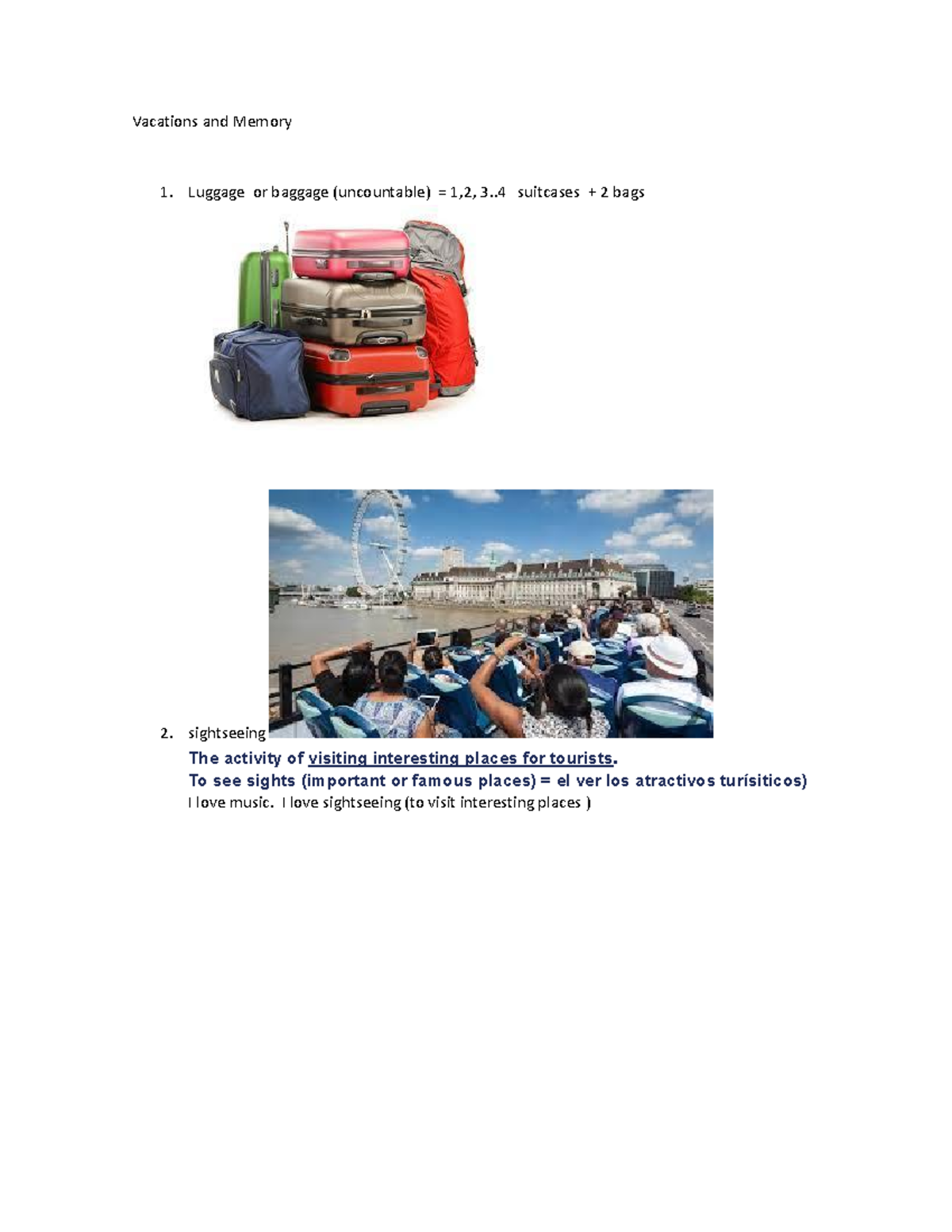 Vocabulary vacation - APUNTES VOCABULARIO - Vacations and Memory 1 ...