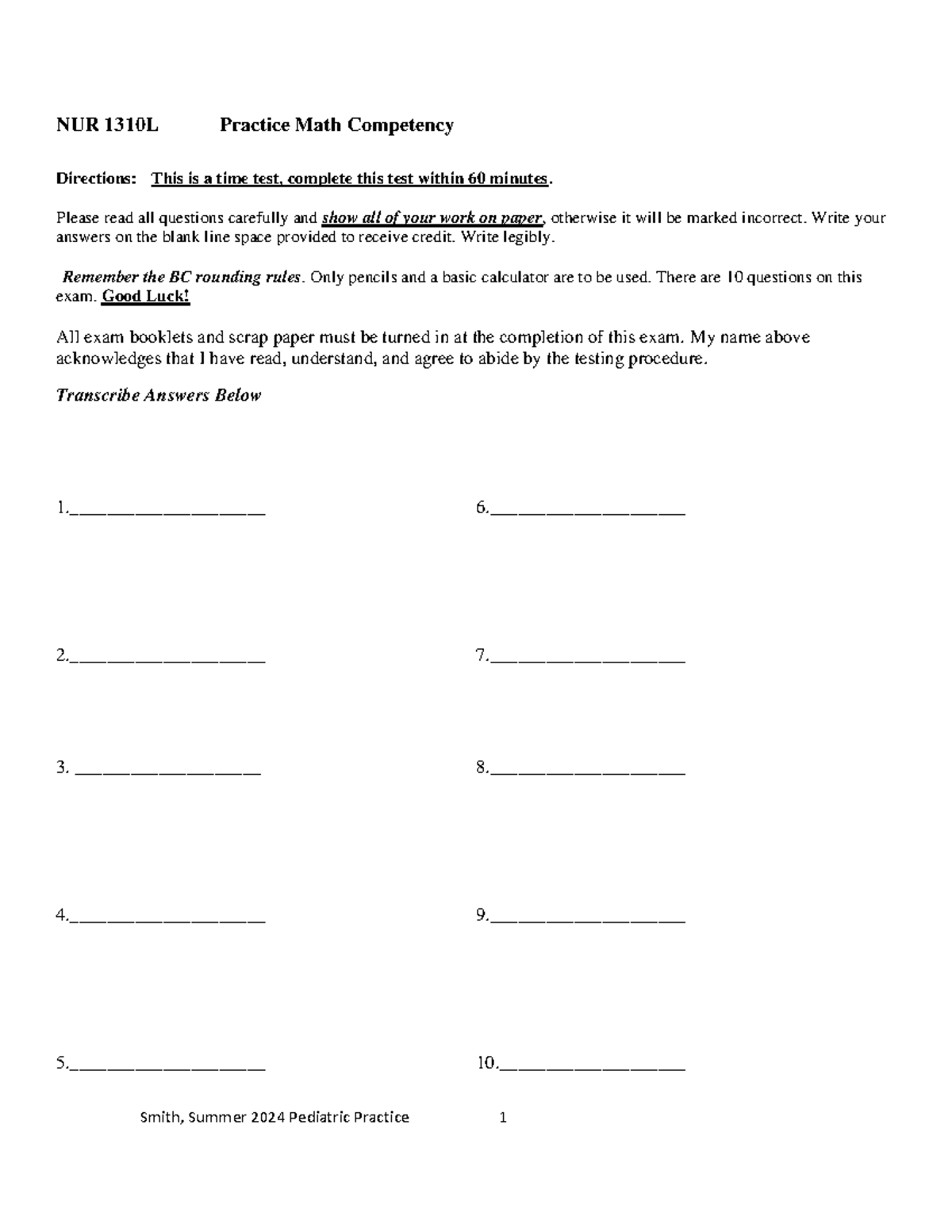 Math Practice Sheet - NUR 1310L Practice Math Competency Directions ...