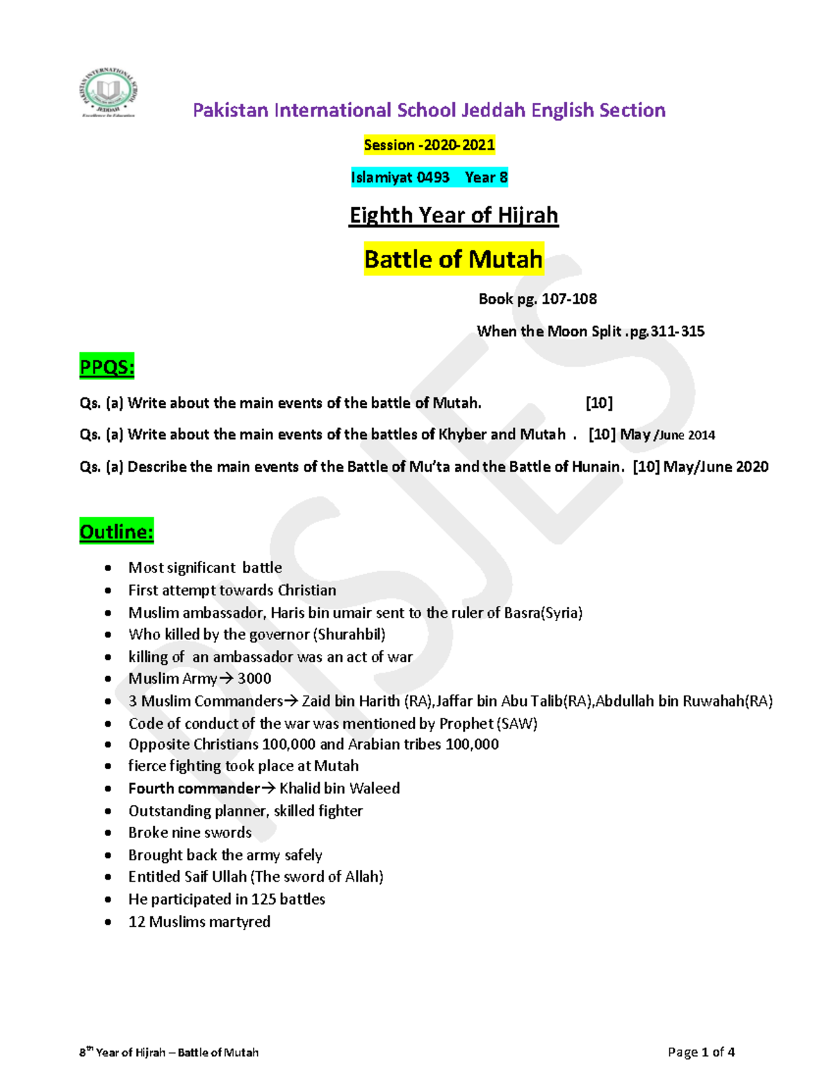 Notes- Eighth Year of Hijrah-Battle of Mutah - Pakistan International ...