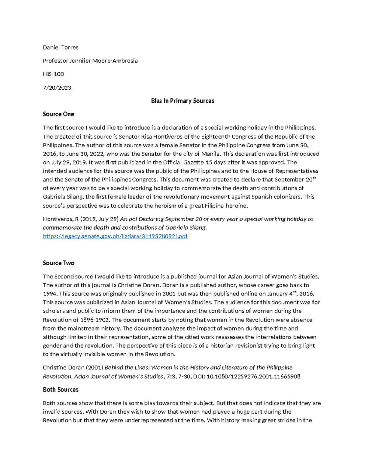 Bias in Primary Sources - Daniel Torres Professor Jennifer Moore-Ambrosia HIS- 7/20/ Bias in ...