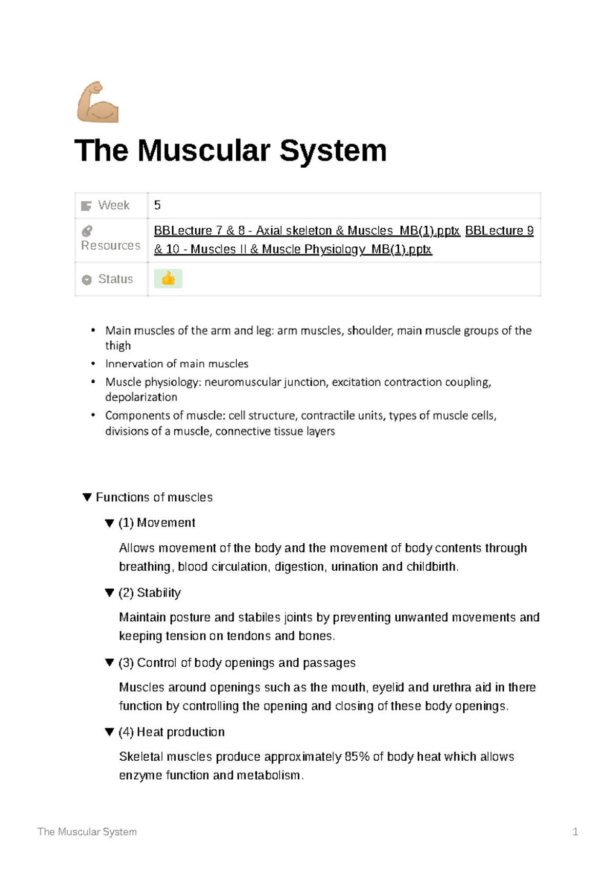 The Muscular System - Lecture notes - The Muscular System Week 5 ...