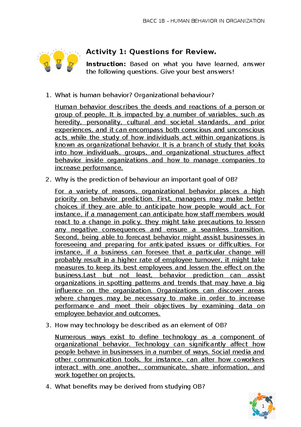 HBO Part 1- Activity 1 - BACC 18 – HUMAN BEHAVIOR IN ORGANIZATION ...