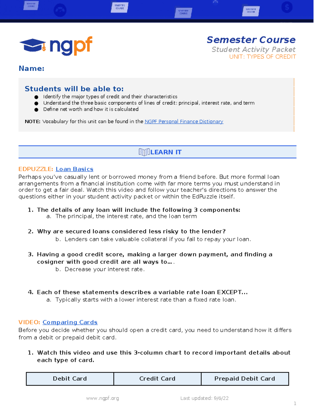 Intro to Credit and Students and Credit Cards Student Packet copy ...