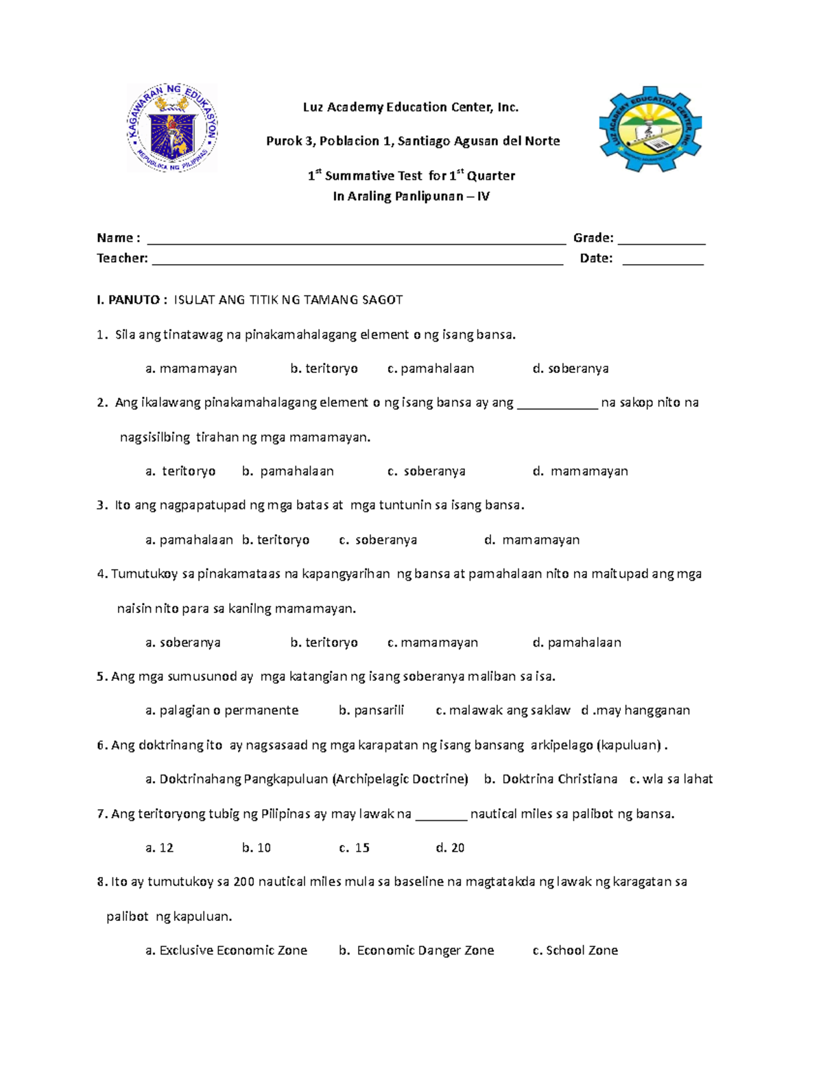 Aral.pan exam grade 4 cher pinky - Luz Academy Education Center, Inc ...