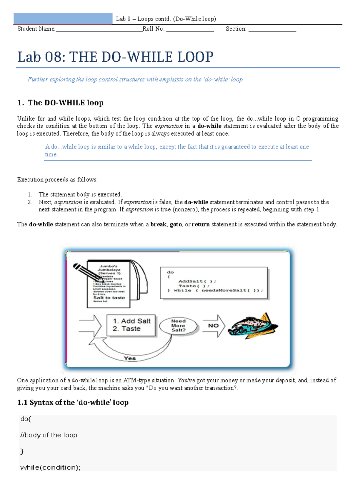 Lab 8 - lab manual c language - Student Name: Roll No: Section: Lab 08: THE DO-WHILE LOOP ...