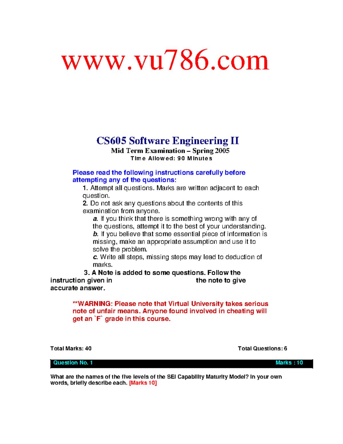 Cs605 mid term 1 www - vu786 CS605 Software Engineering II Mid Term Examination – Spring 2005 ...