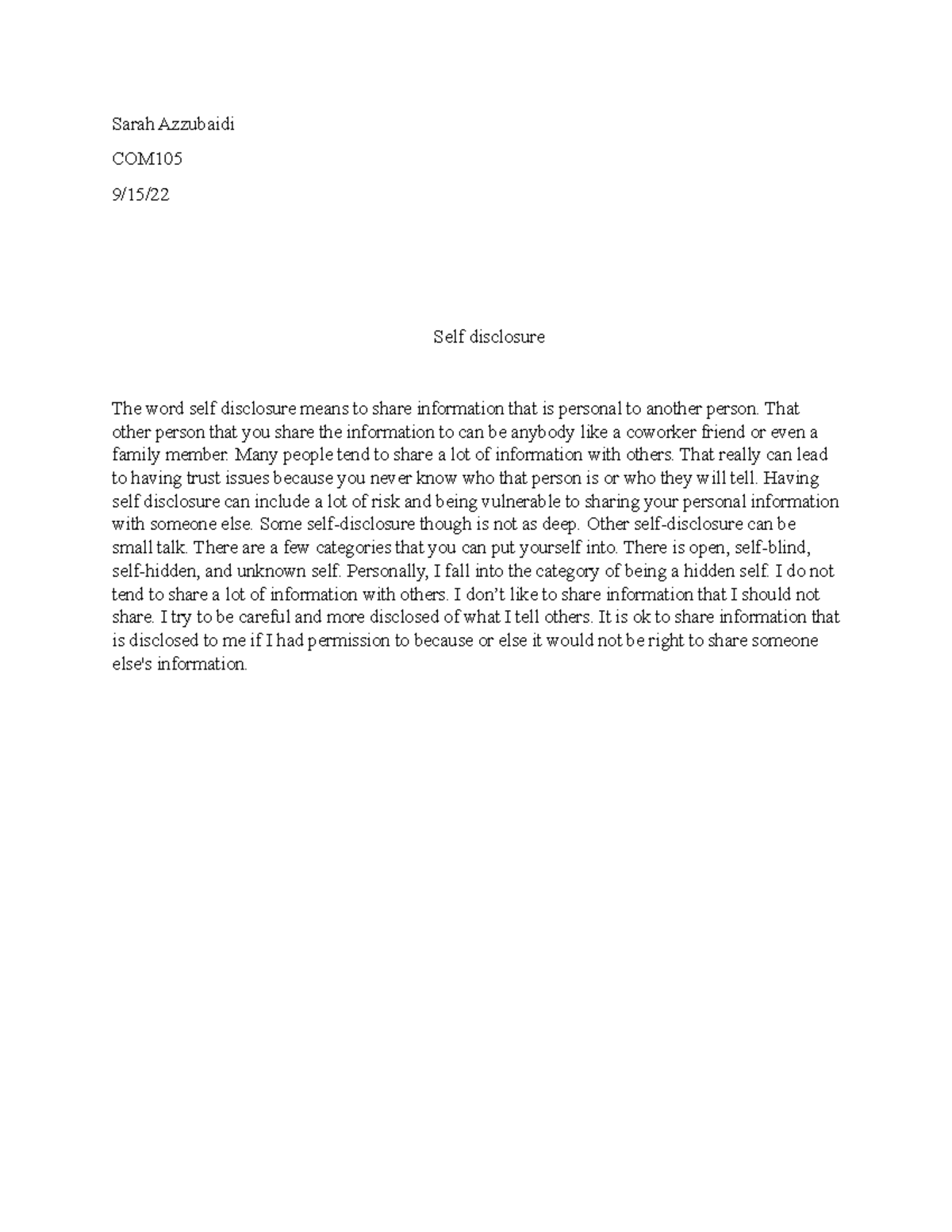 Document 145 - reflective writing about self disclosure - Sarah ...