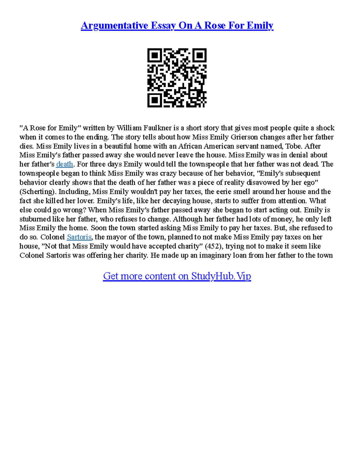 Rose For Emily Essay - Argumentative Essay On A Rose For Emily "A Rose ...