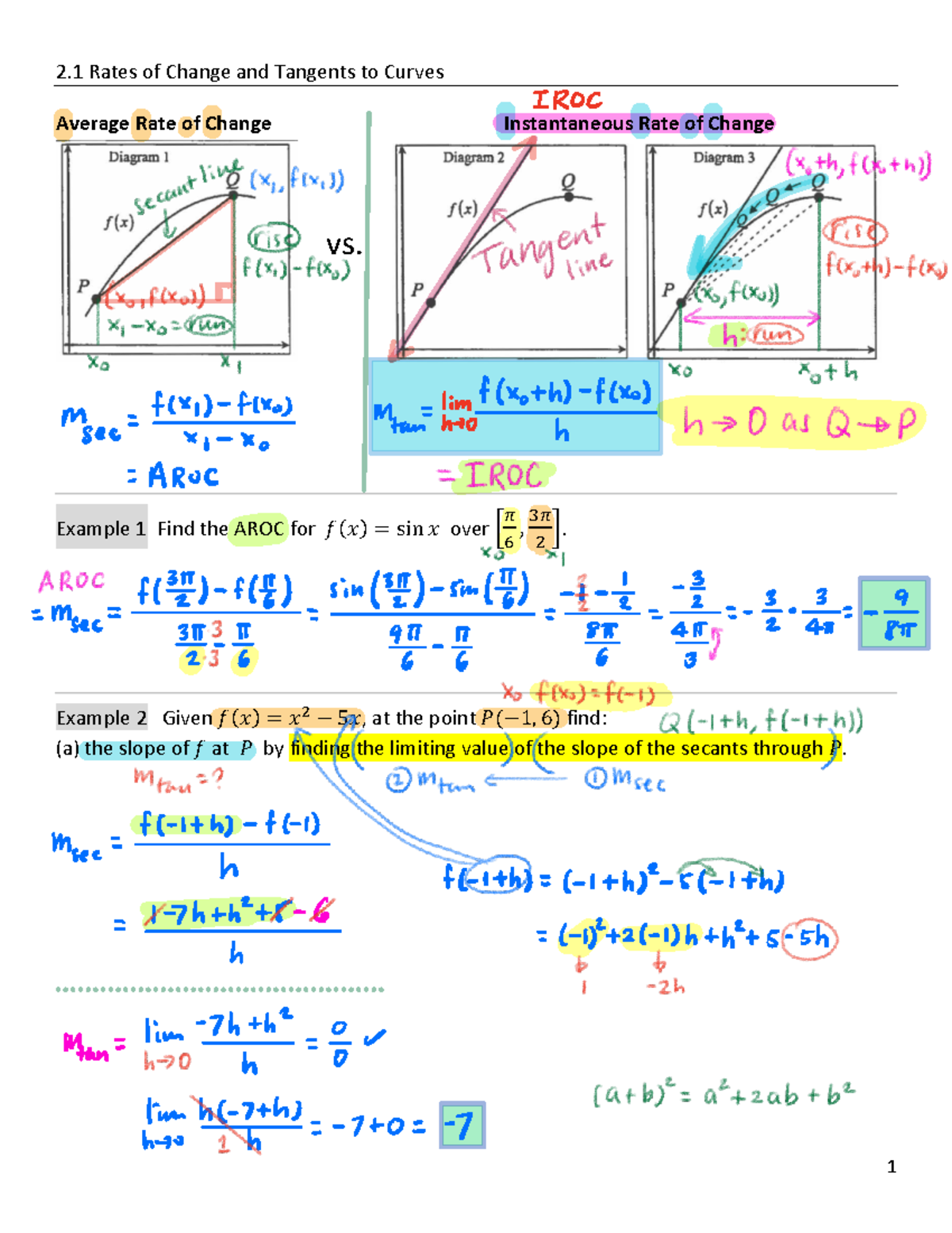 2 - Class notes - 2 Rates of Change and Tangents to Curves 1 Average ...