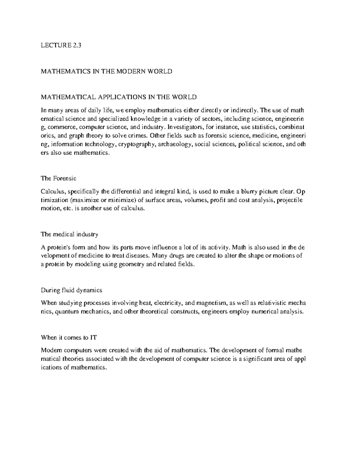 Lecture 2 - Mathematics in the Modern World - LECTURE 2. MATHEMATICS IN ...