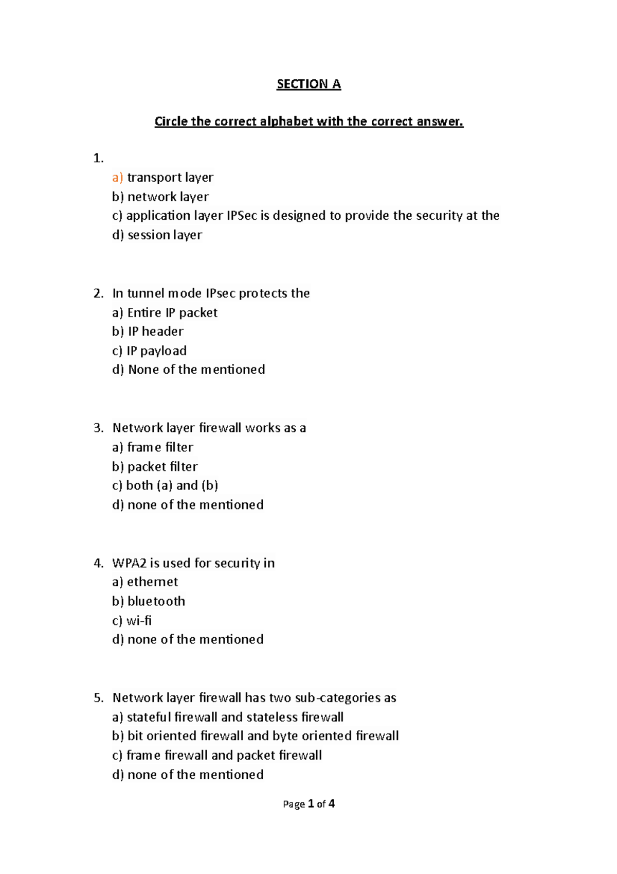 Information Security (1) - SECTION A Circle the correct alphabet with ...