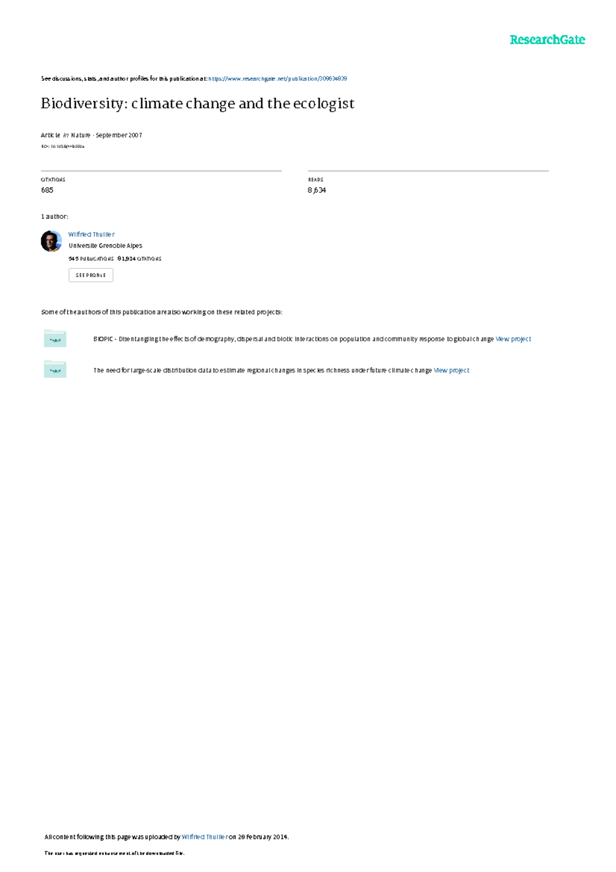 Biodiversity climate change and the ecologist - See discussions, stats ...