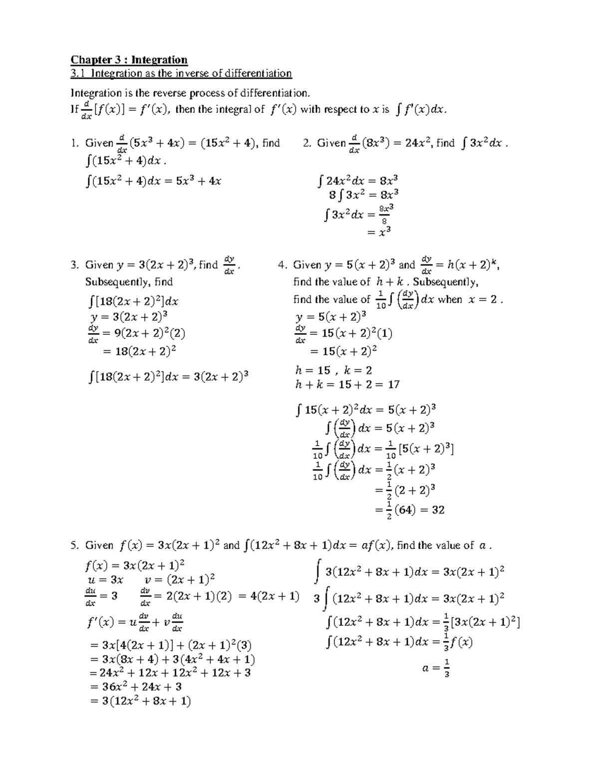 Pd PR 3.1 Reverse of differentiate Note - Chapter 3 : Integration 3 ...