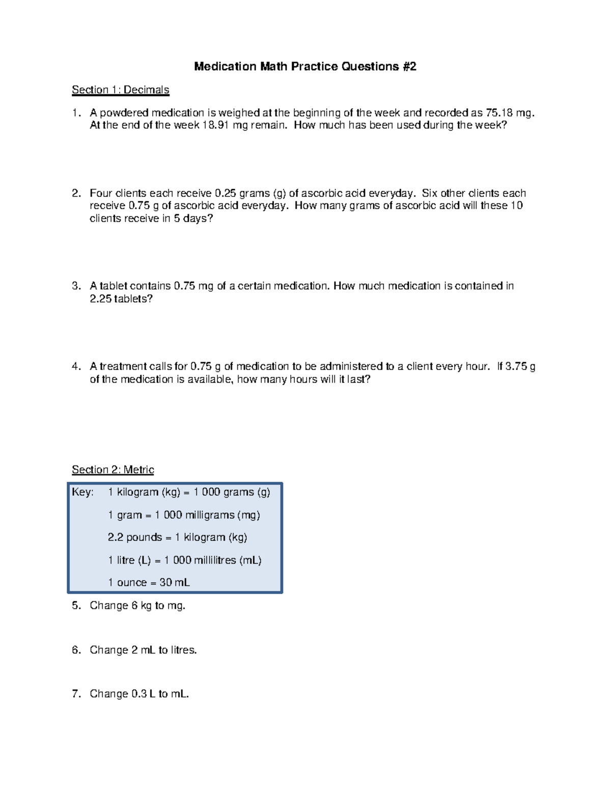 Medication Math Practice Questions #2 - Medication Math Practice ...