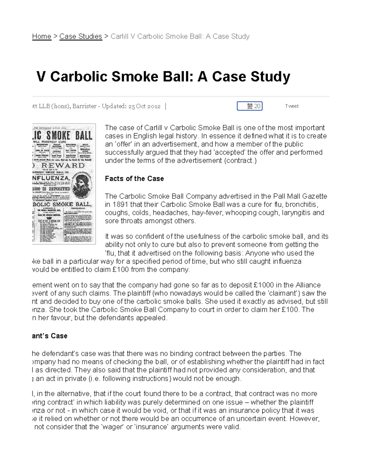 Carlill v Carbolic Smoke Ball-Case Study - 赞 20 Tweet Carbolic Smoke ...