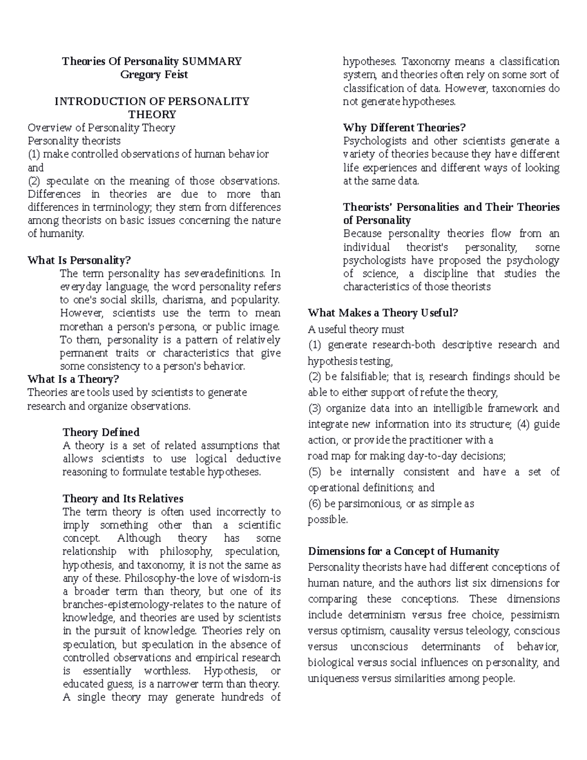 Theoper Summary - Theories Of Personality SUMMARY Gregory Feist ...