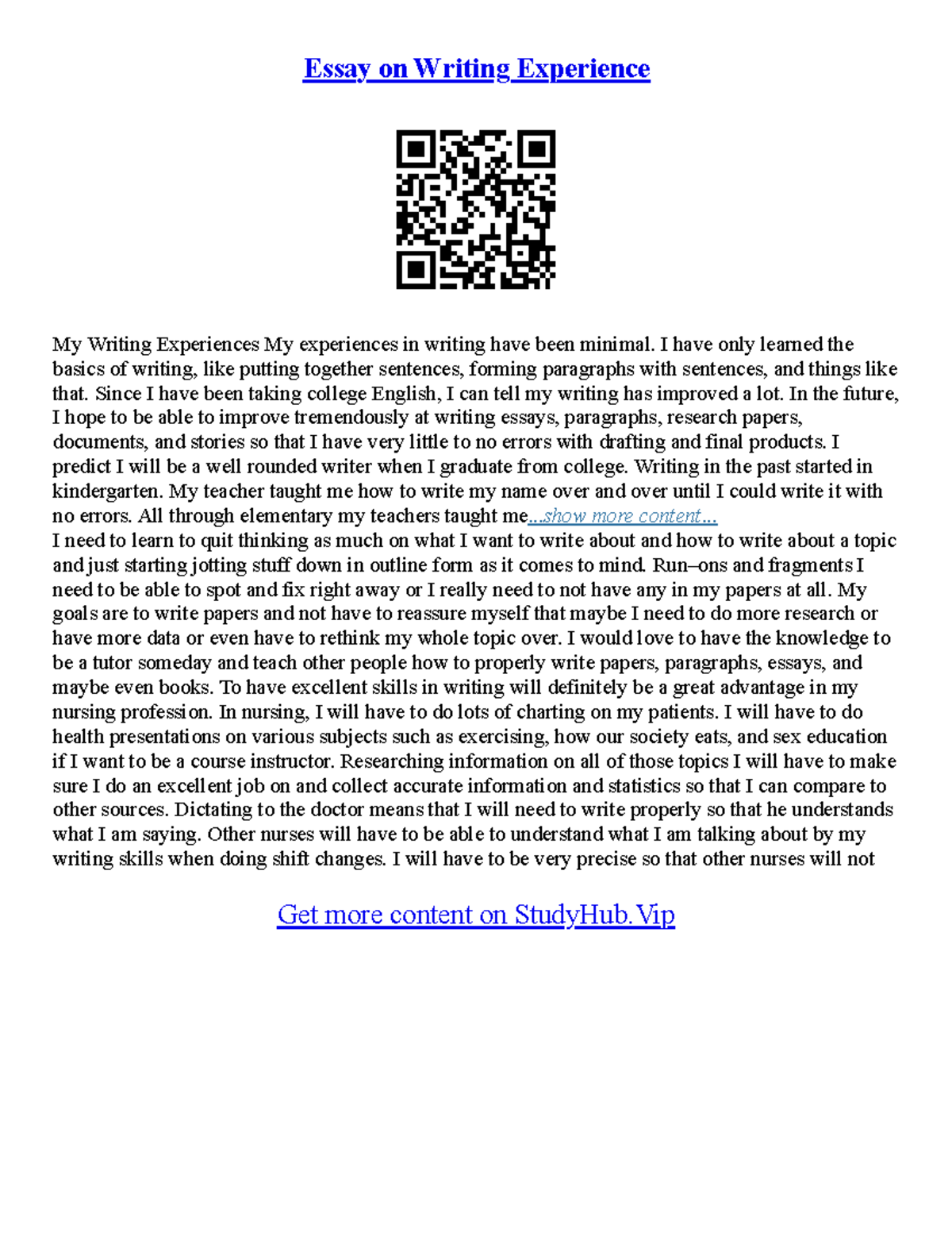 Examples Of Starting An Essay - Essay on Writing Experience My Writing ...