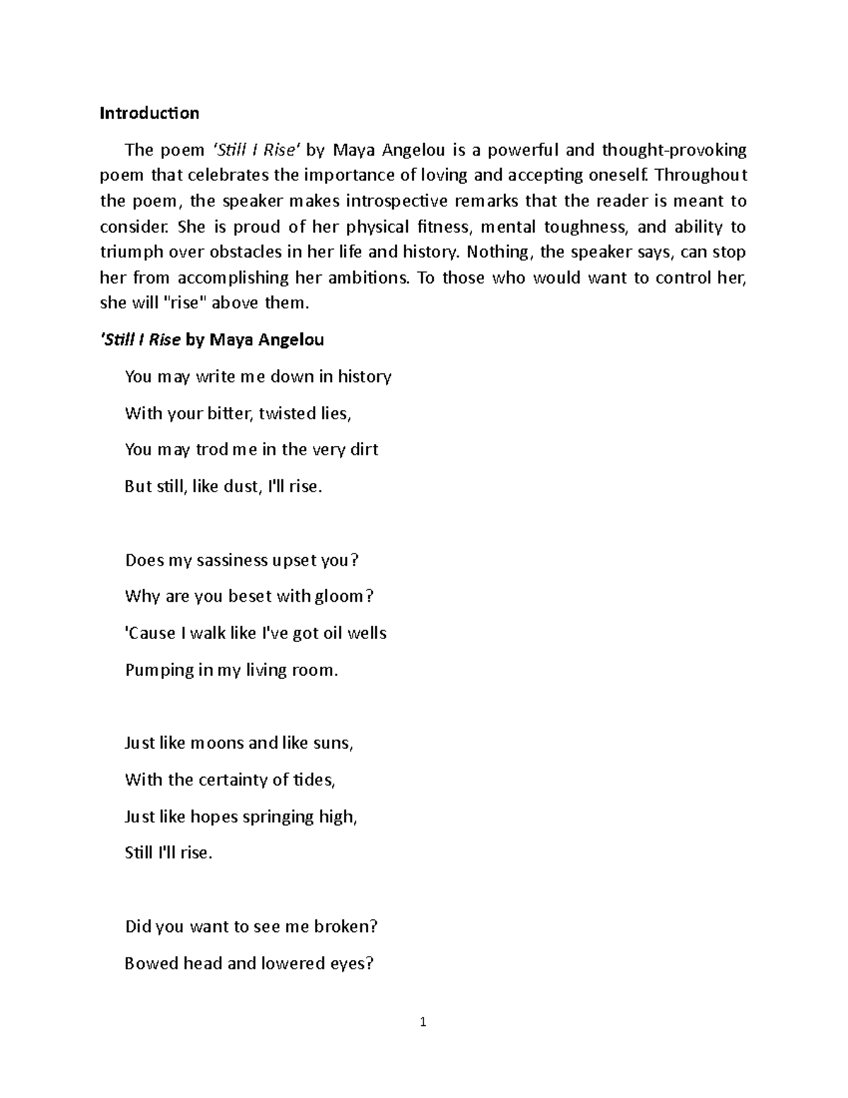 Still i rise by maya angelou - Introduction The poem 'Still I Rise' by ...