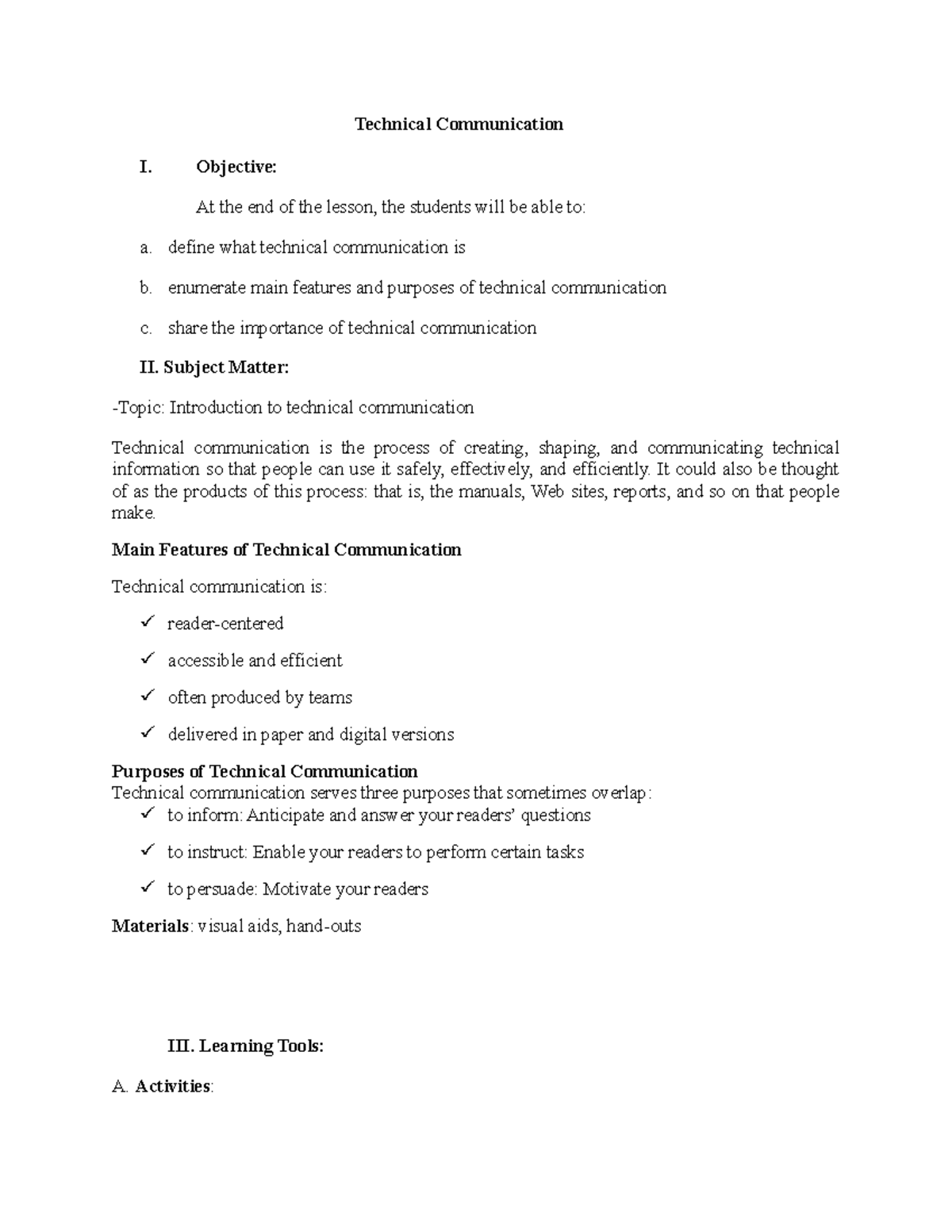 Technical Communication - Objective: At the end of the lesson, the ...