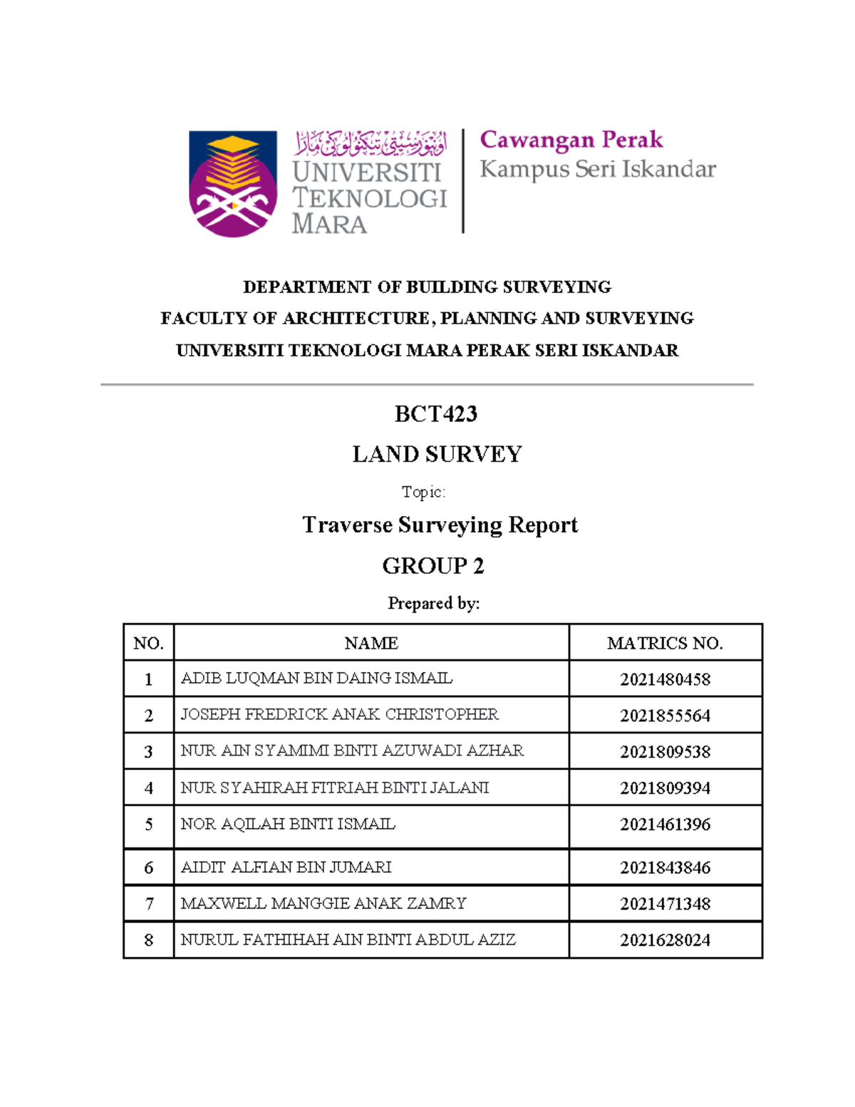 BCT423 Fieldwork Report Group 2 - DEPARTMENT OF BUILDING SURVEYING ...