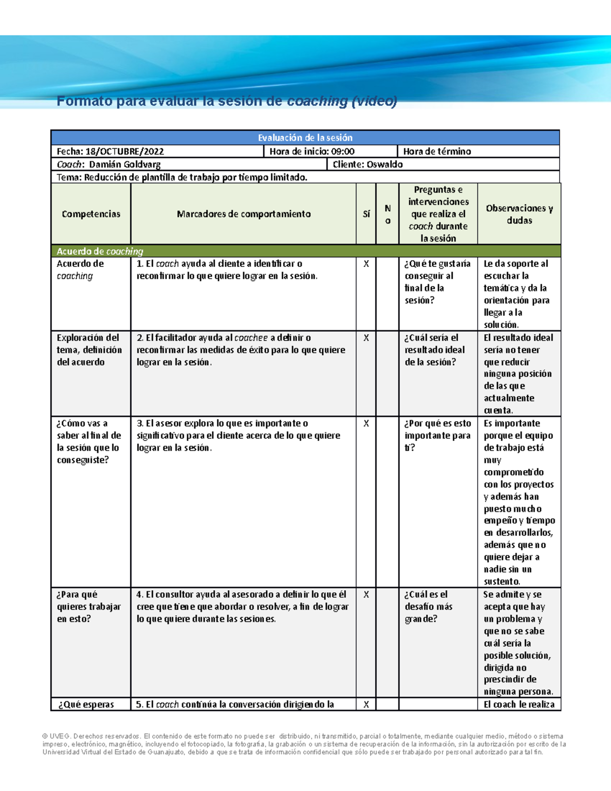 Intervencion integral de coaching - Formato para evaluar la sesión de ...