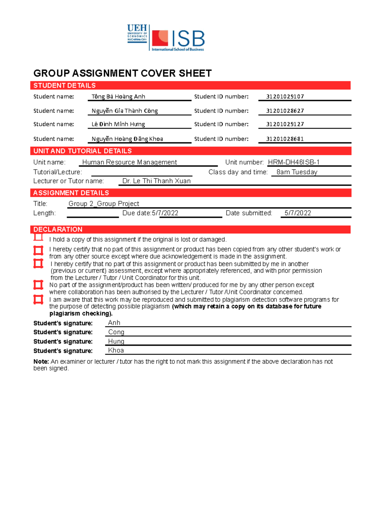 HRM Group cover sheet - bai mau - GROUP ASSIGNMENT COVER SHEET STUDENT ...