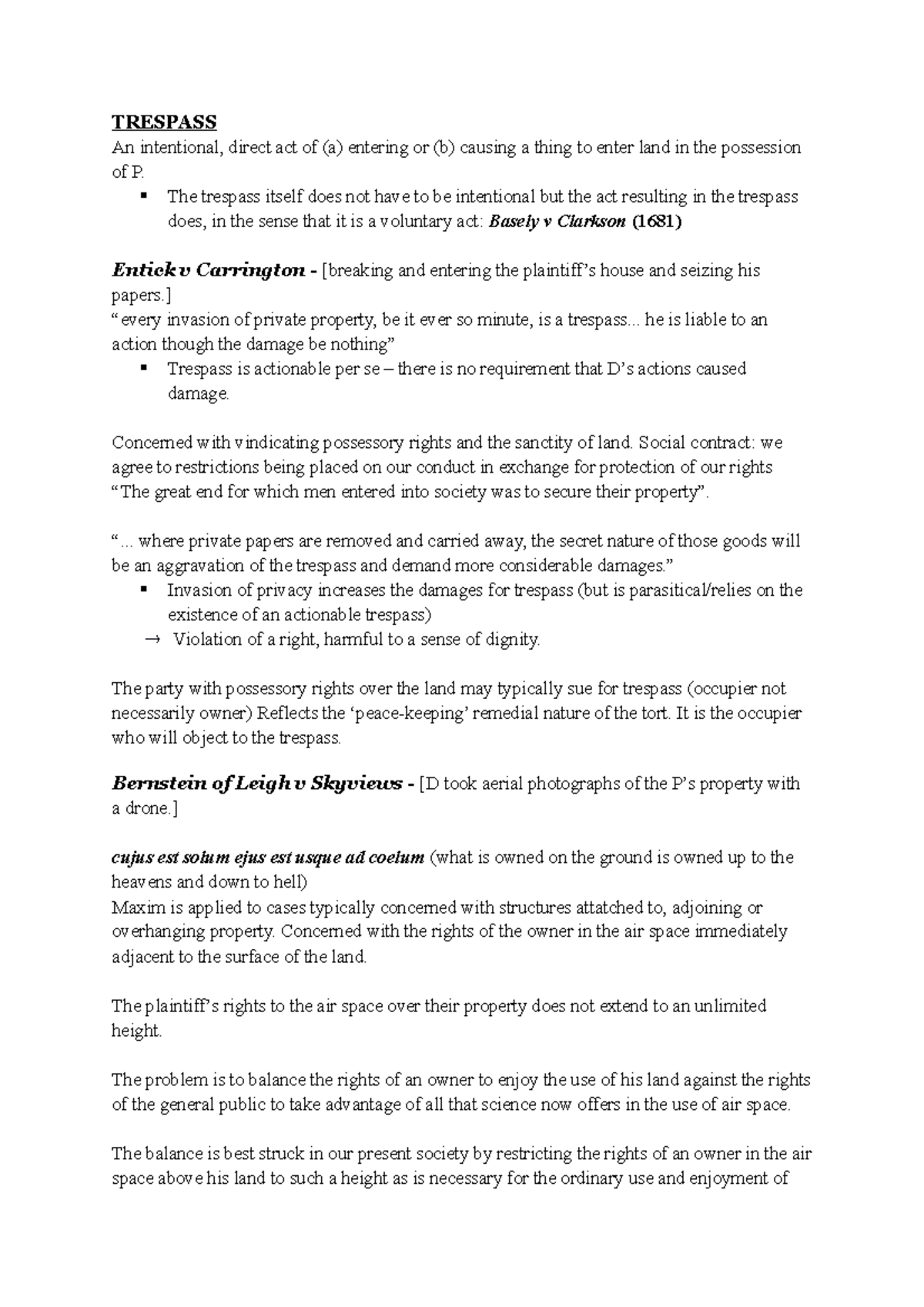 Trespass summary and case notes - TRESPASS An intentional, direct act ...