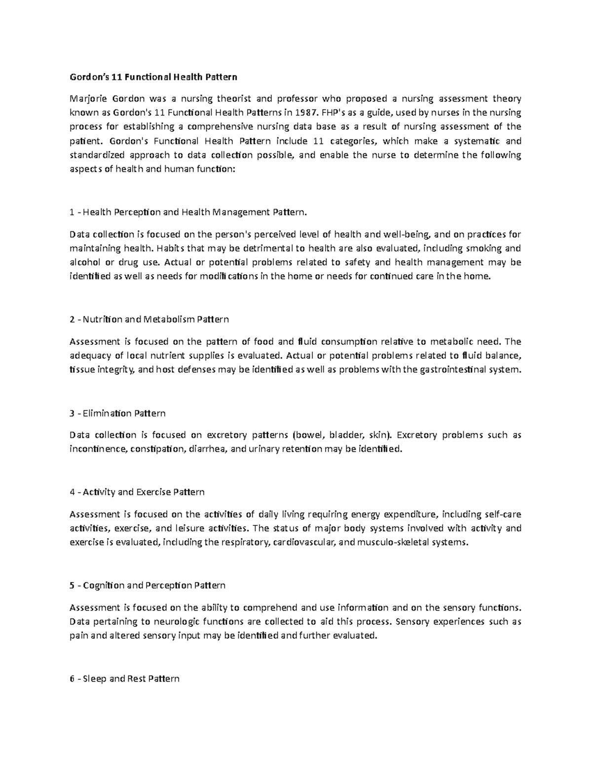 Marjorie Gordon's 11 Functional Health Patterns - Guide Questions ...