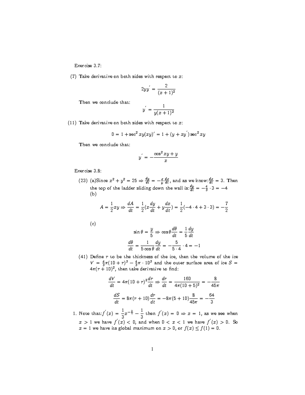 Solution 3 - math1010 - Exercise 3: (7) Take derivative on both sides ...