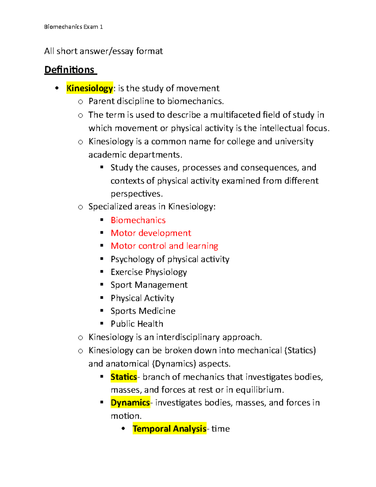 BMCH Exam 1 study guide - Biomechanics Exam 1 All short answer/essay ...
