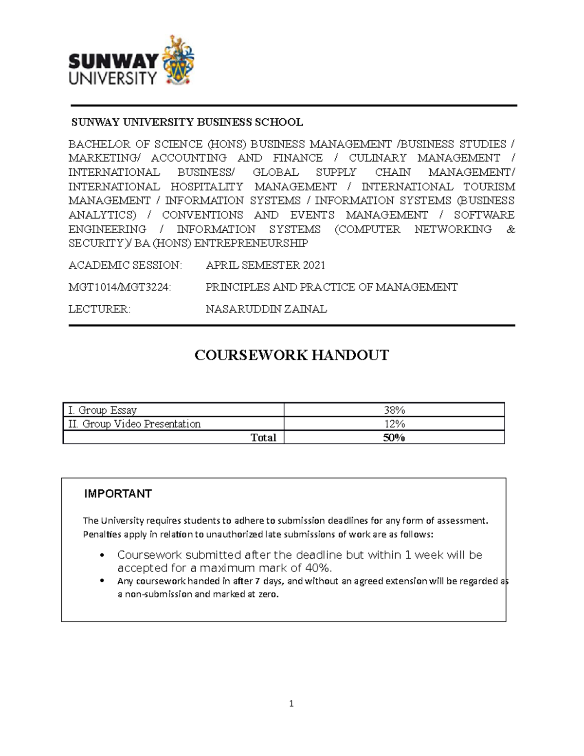 MGT1014 CW1 September 2021 Assignment 1 - SUNWAY UNIVERSITY BUSINESS ...