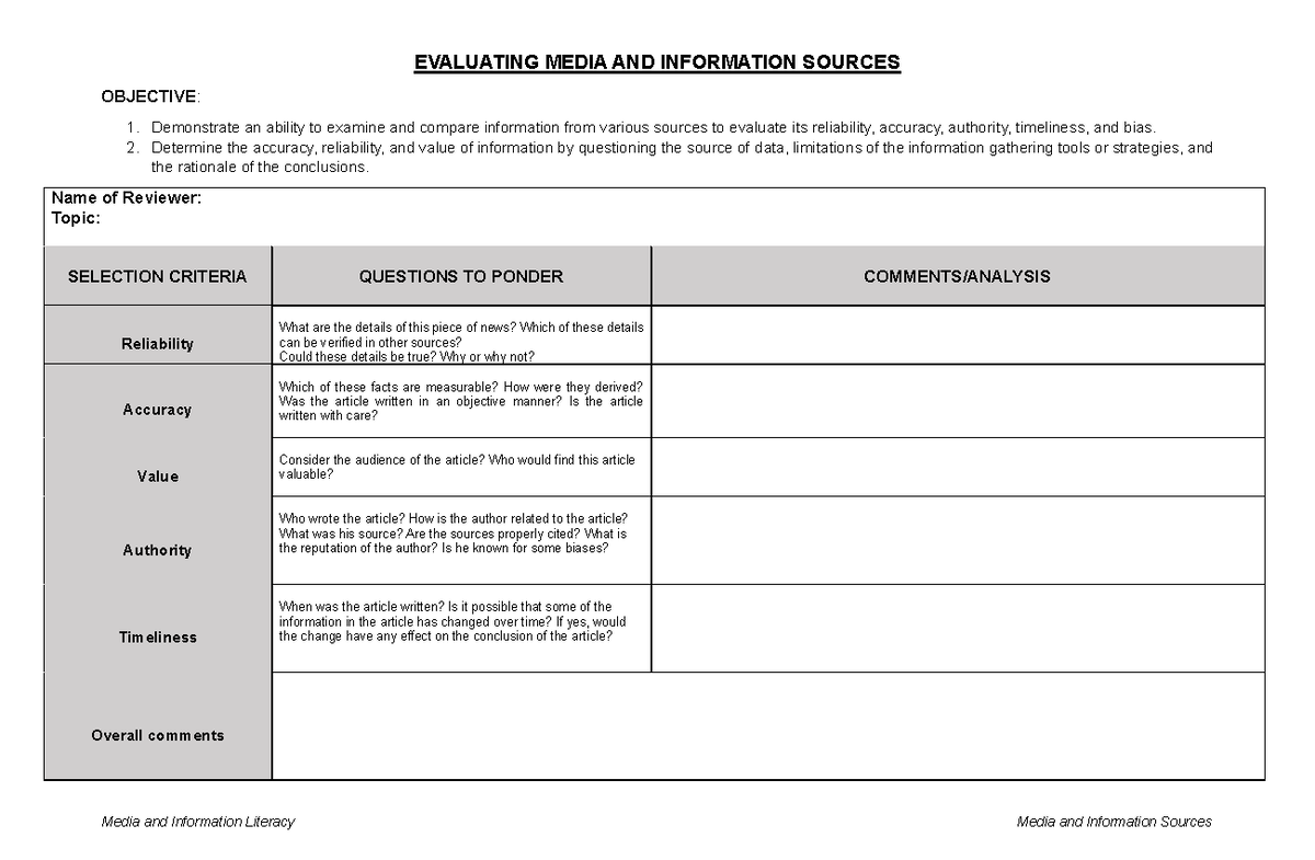 Evaluating Media and Information Sources - Media and Information ...