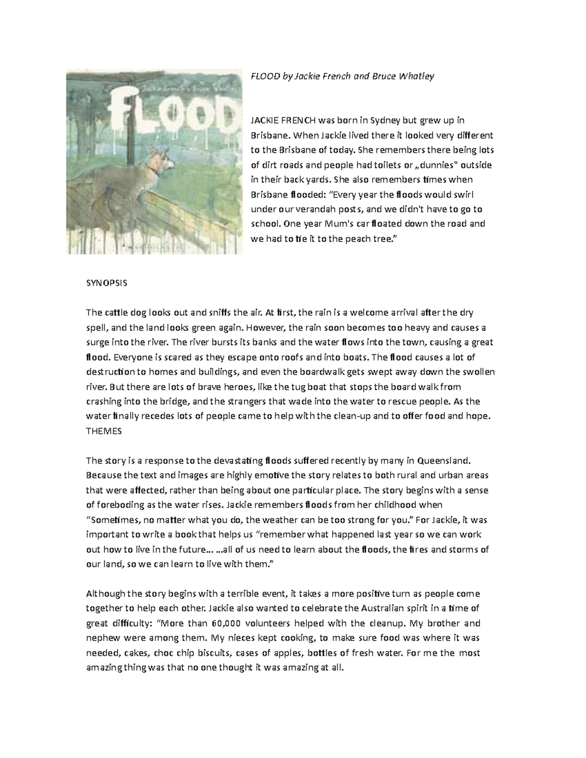 Flood by Jackie French Task - FLOOD by Jackie French and Bruce Whatley ...