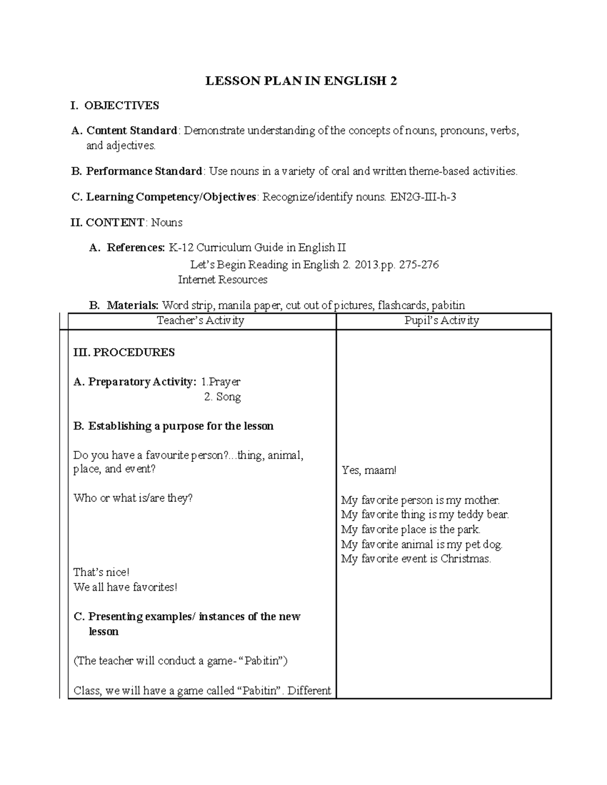 English 2 - NOUN LESSON PLAN - LESSON PLAN IN ENGLISH 2 I. OBJECTIVES A ...