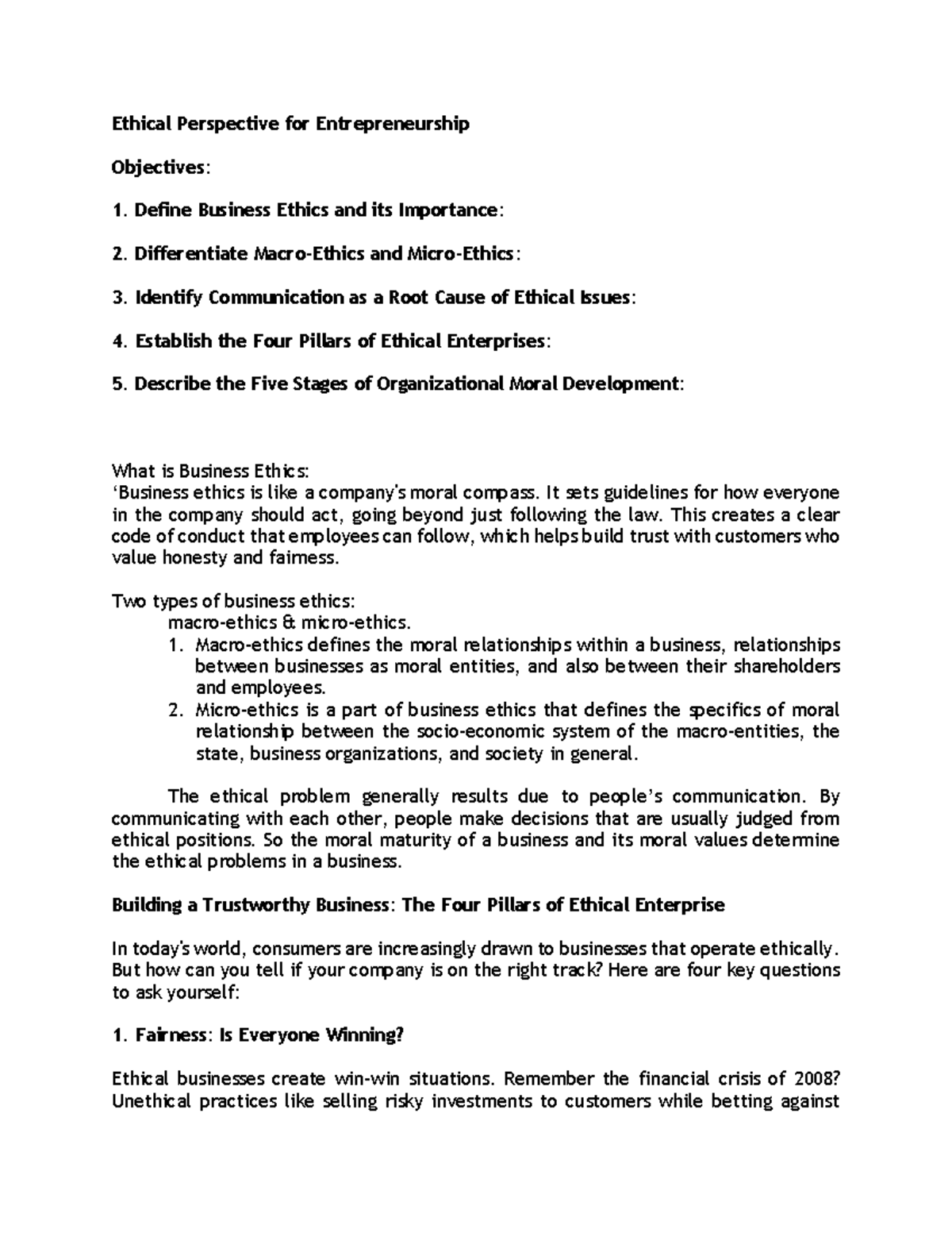 Ethical Perspective for Entrepreneurship Students Copy - Ethical ...