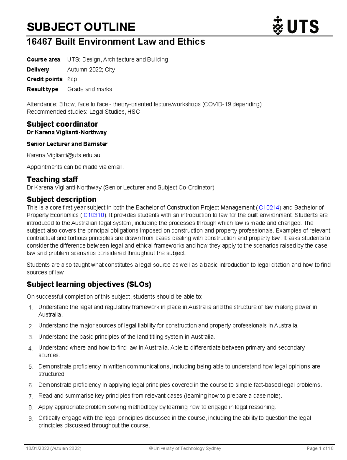 Built Environment Law and Ethics Outline - SUBJECT OUTLINE 16467 Built ...