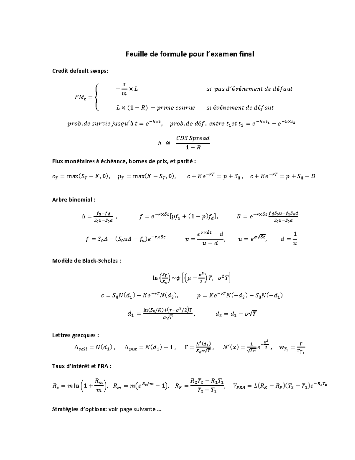 D feuille formules final et table loi normale - Feuille de formule pour ...