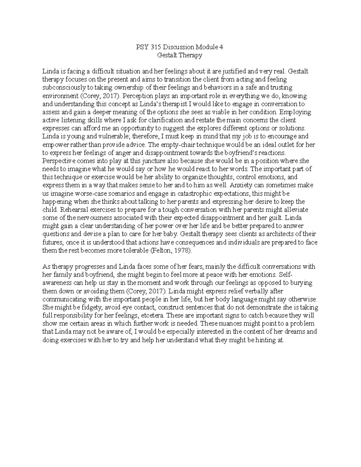 PSY 315 Discussion Module 4 Gestalt Therapy - PSY 315 Discussion Module ...