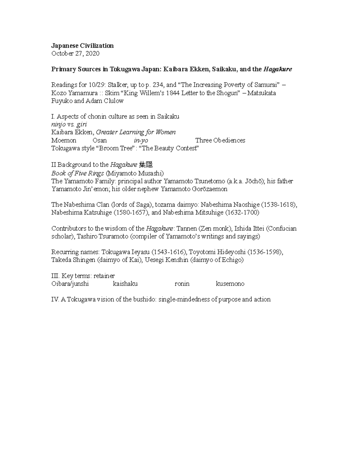 JC Handout - October 27, 2020 - Japanese Civilization October 27, 2020 ...