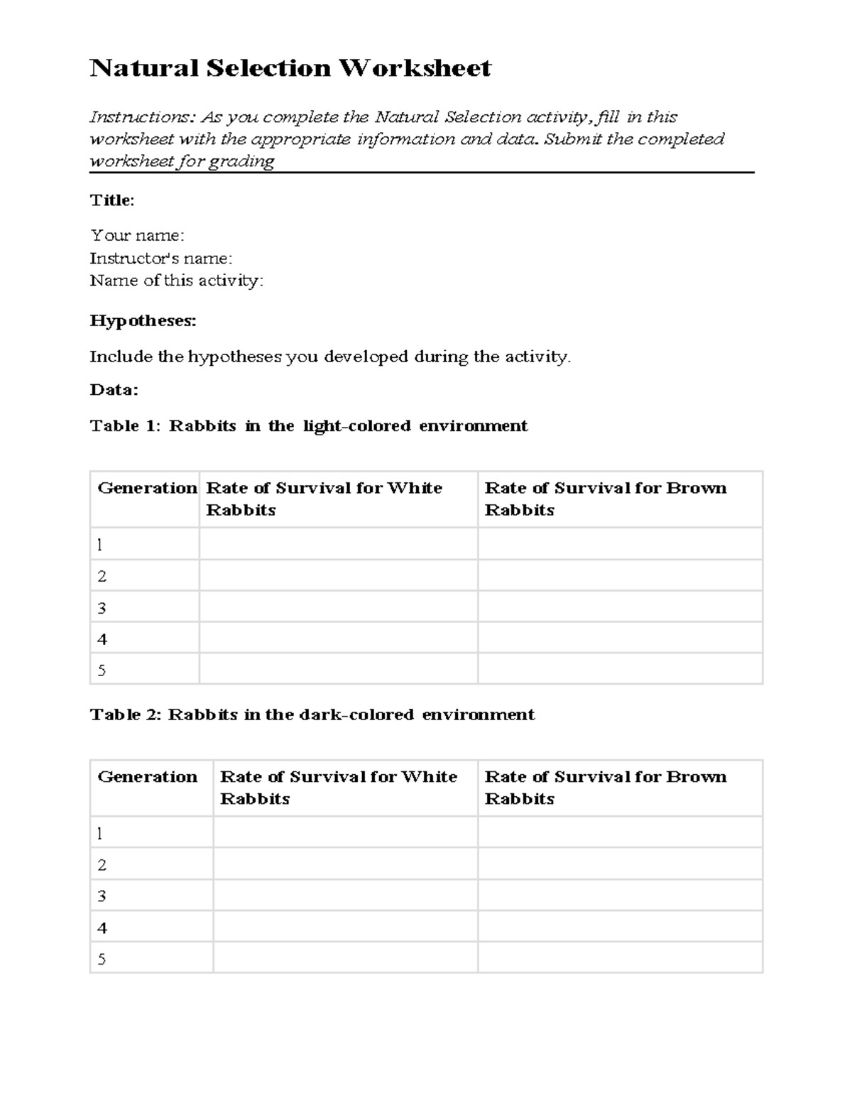 Natural selection worksheet - Natural Selection Worksheet Instructions ...