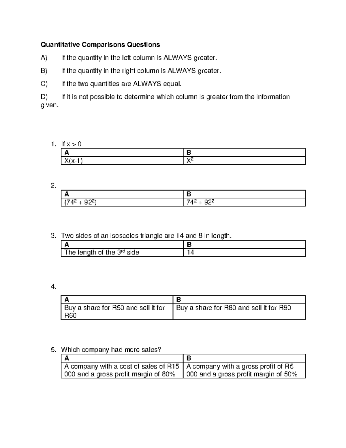 Quantitative Comparisons Practice Questions - Quantitative Comparisons Questions A) If the ...
