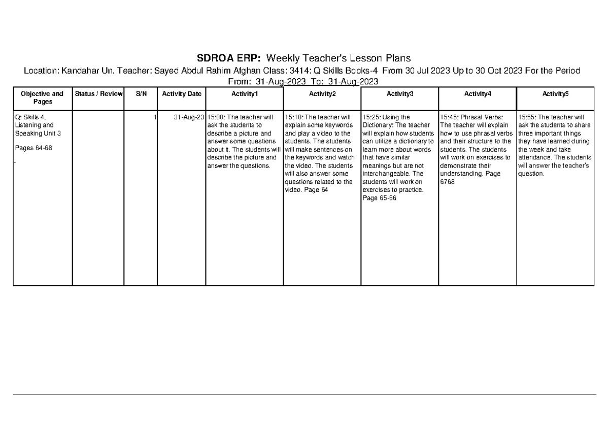 3414, QSkills 4 lesson plan for 31 August - SDROA ERP: Weekly Teacher's ...