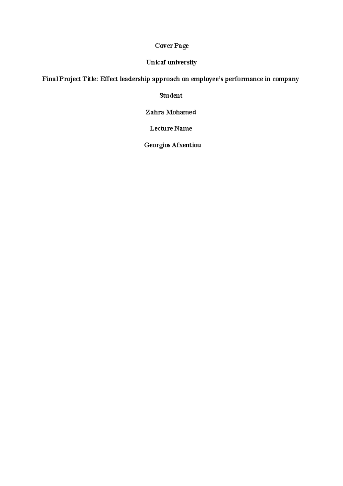 Impact ON Leadership Style Final 7b-1 - Cover Page Unicaf university ...