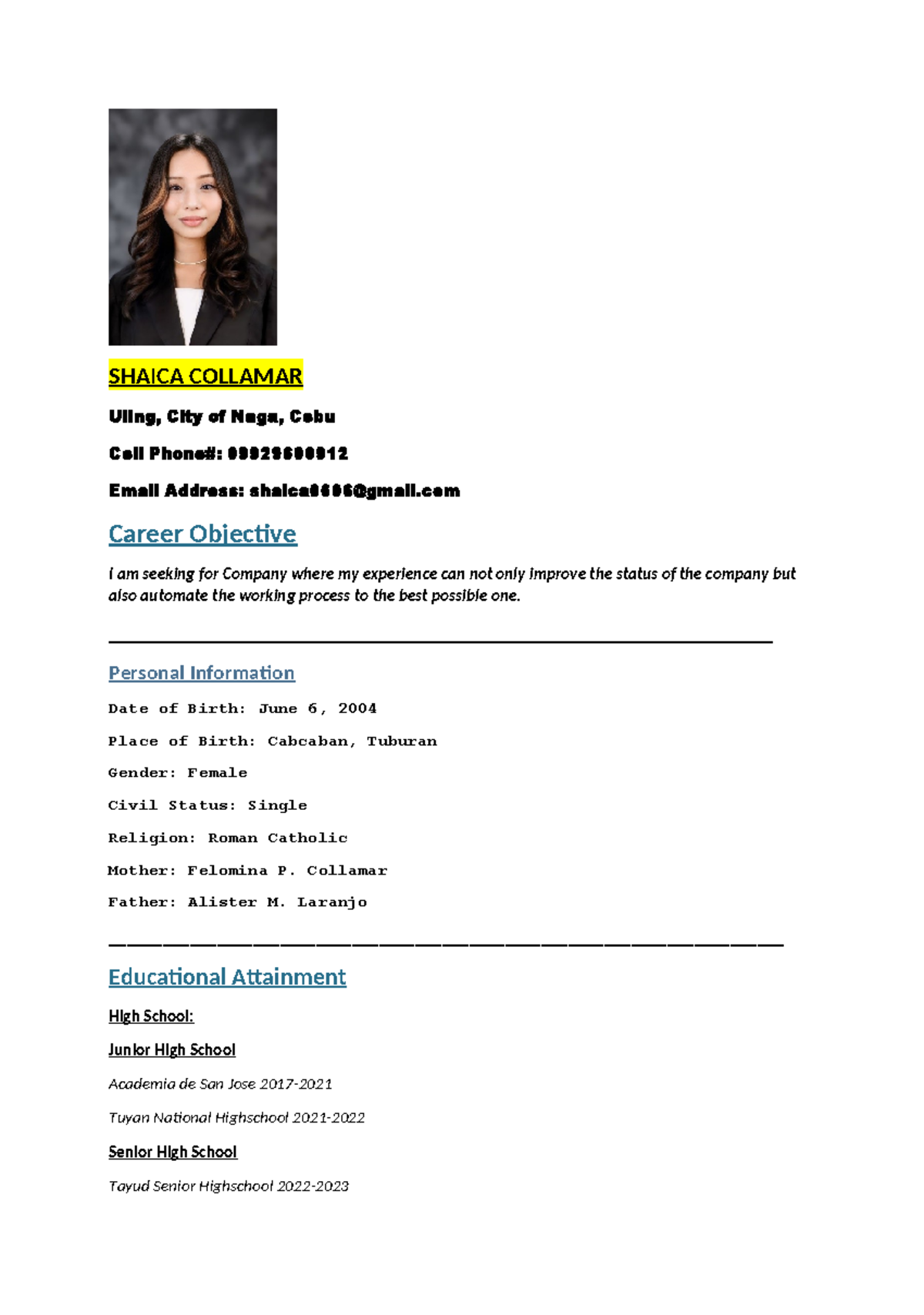 Cv1 - meow - SHAICA COLLAMAR Uling, City of Naga, Cebu Cell Phone ...