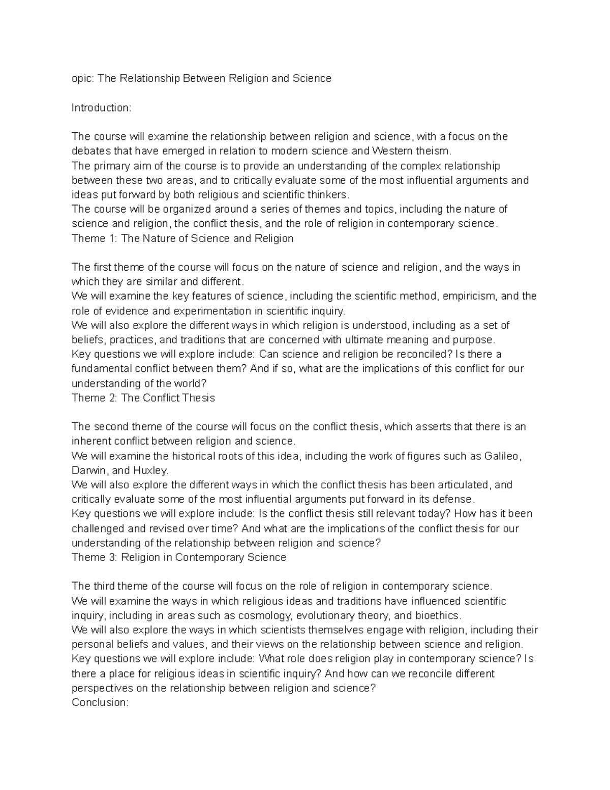 Third Lecture Notes Religion and Science - opic: The Relationship ...