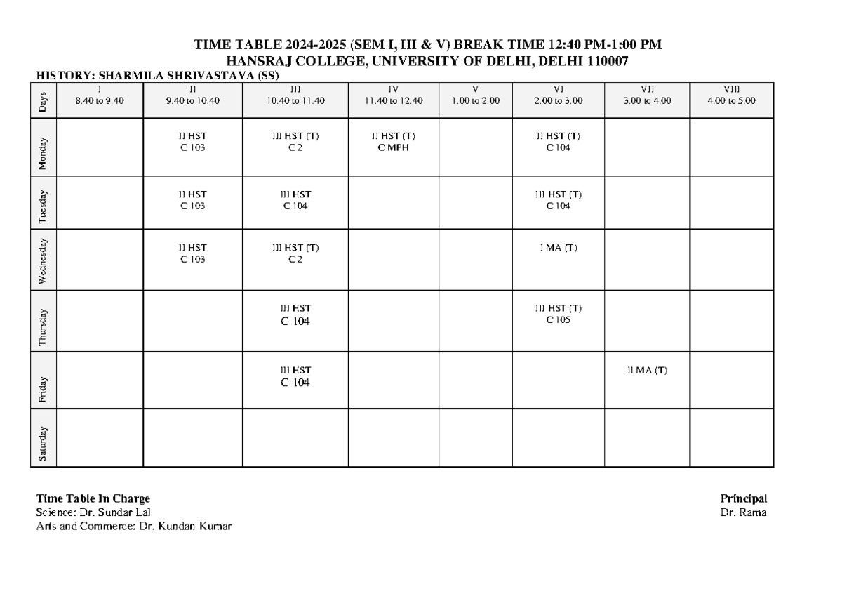 History Teachers Timetable - HANSRAJ COLLEGE, UNIVERSITY OF DELHI ...