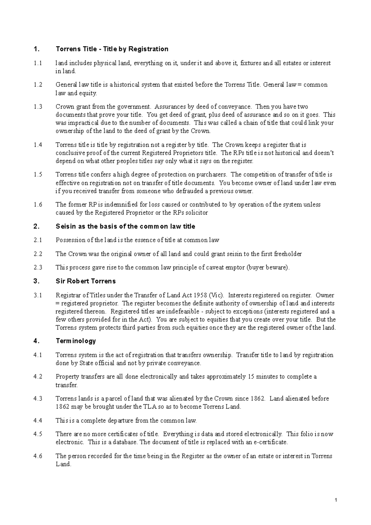 Land Law Notes - Torrens Title - Title by Registration 1 land includes ...