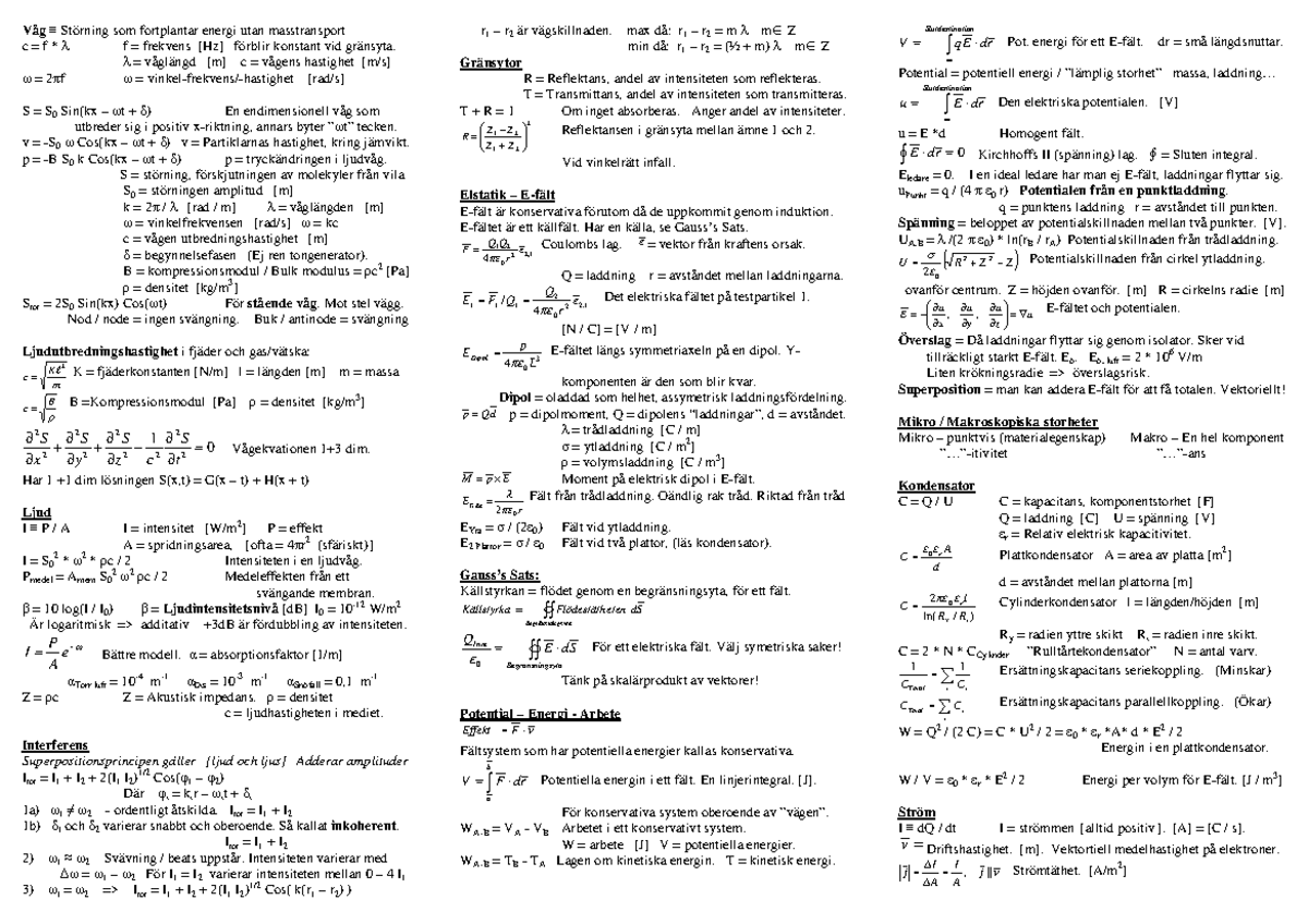 Formler El och våg Skriv UT 1 - Våg ≡ Störning som fortplantar energi ...