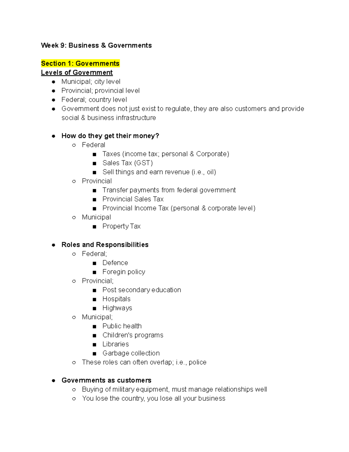 Management Class Notes - Week 9 - Week 9: Business & Governments ...